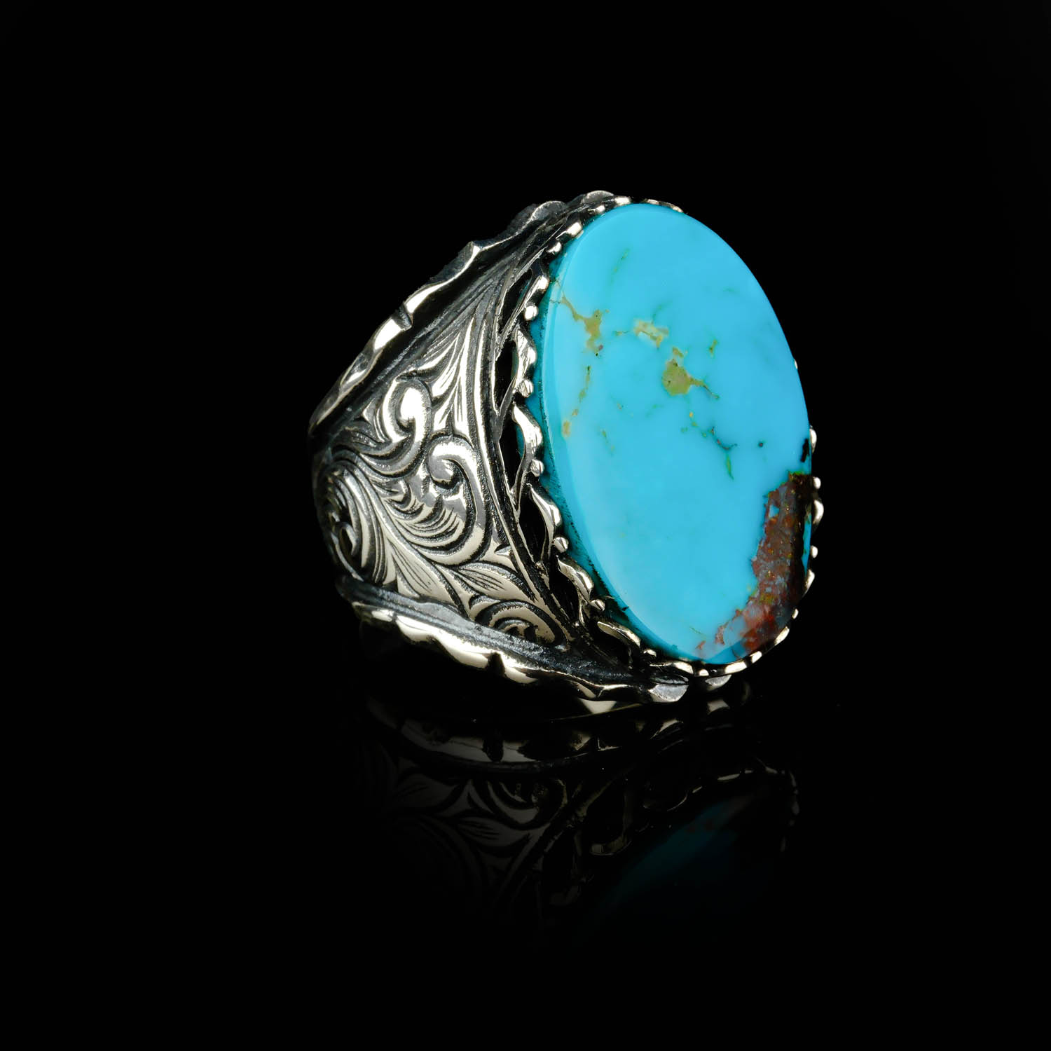 Iranian Turquoise Stone Silver Men's Ring | Handcrafted Elegance