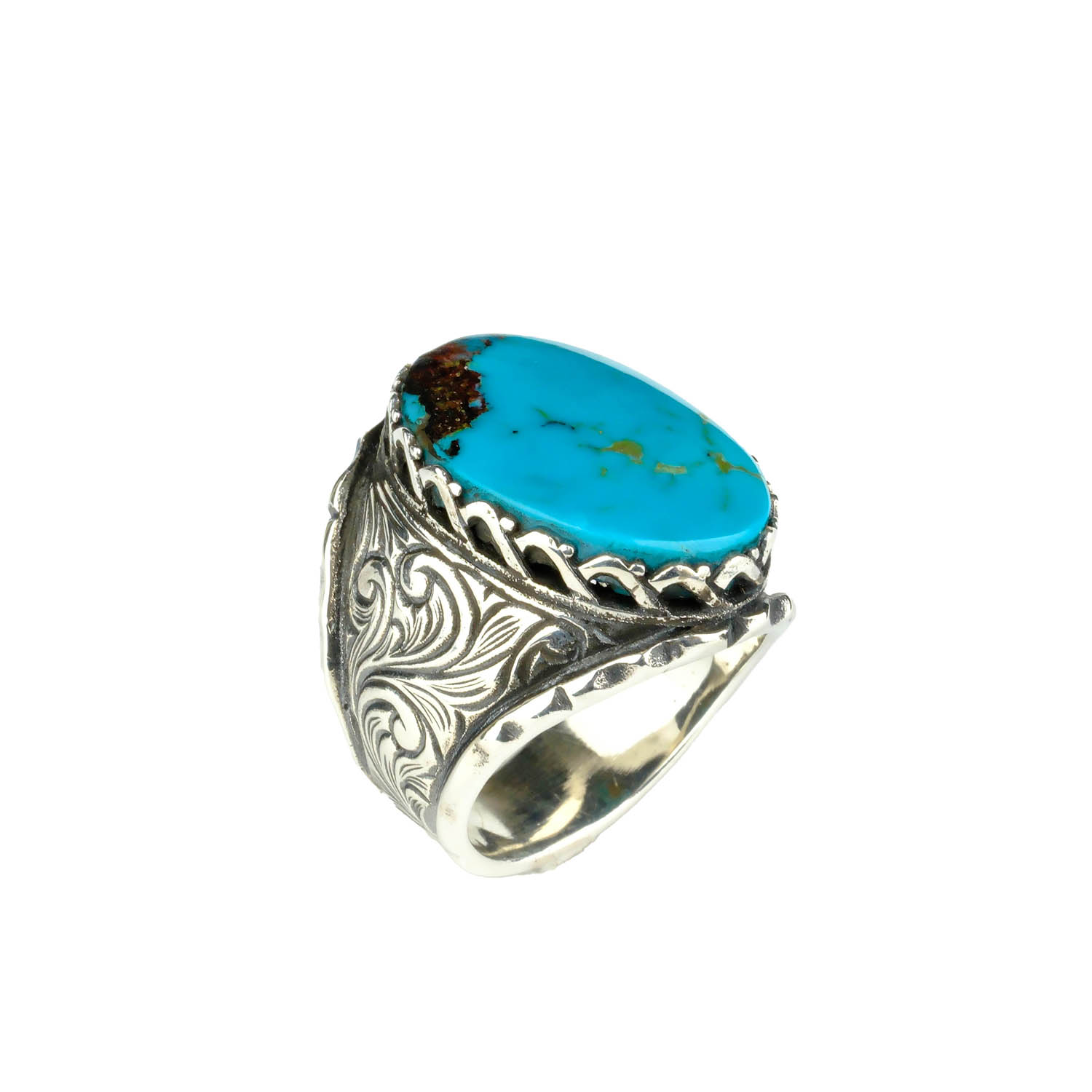 Iranian Turquoise Stone Silver Men's Ring | Handcrafted Elegance